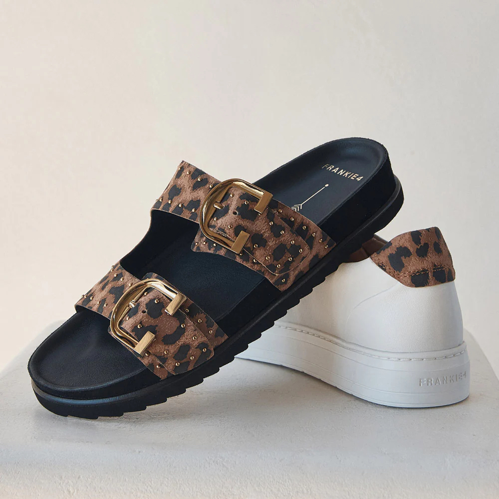 FRANKIE4 Deon Dark Leopard Print Suede Stud Slides - ShoeBeDoo